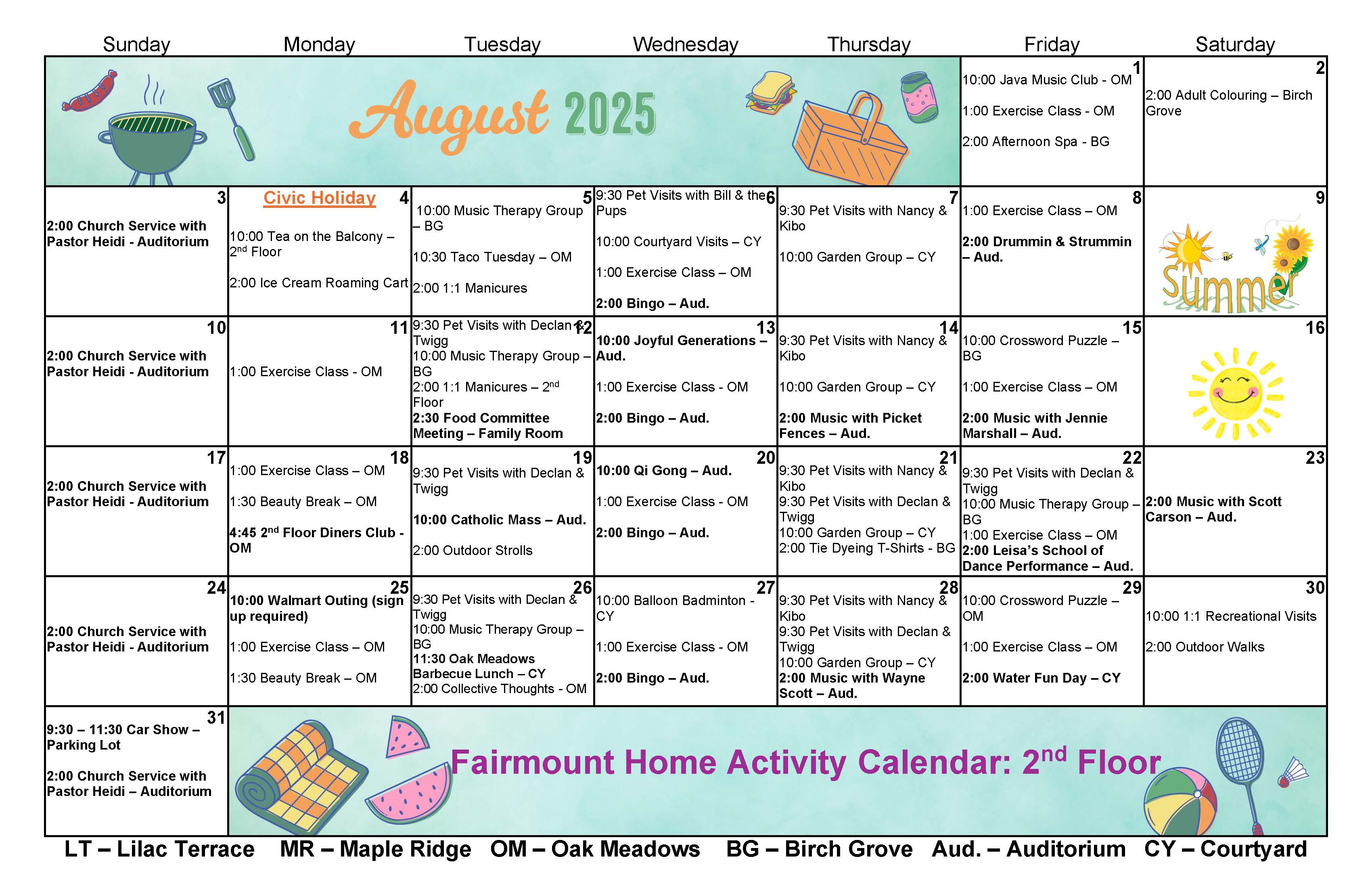 August Activity Calendar | Engaging with Fairmount Home | EngageFrontenac.ca